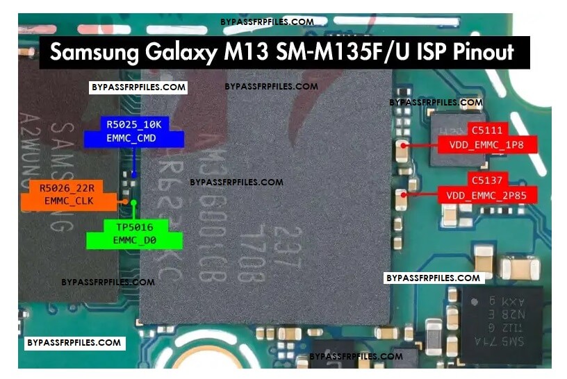 Samsung M13 SM-M135F/U EMMC ISP PinOUT & Test Point - Frp Bypass Files
